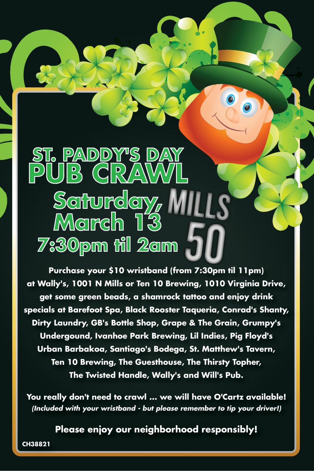 st. paddys pub crawl poster 2021 | Mills 50